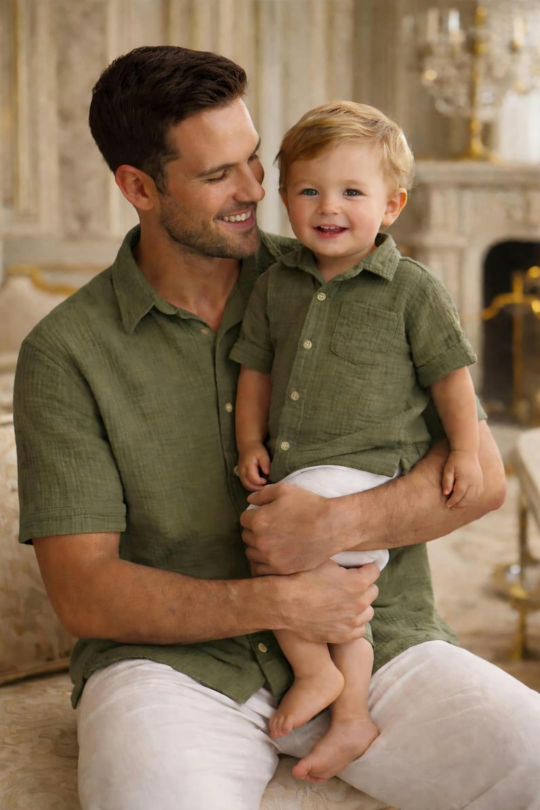 Muslin Father and Son Matching Shirts, Army Green Father and Son Outfit ...