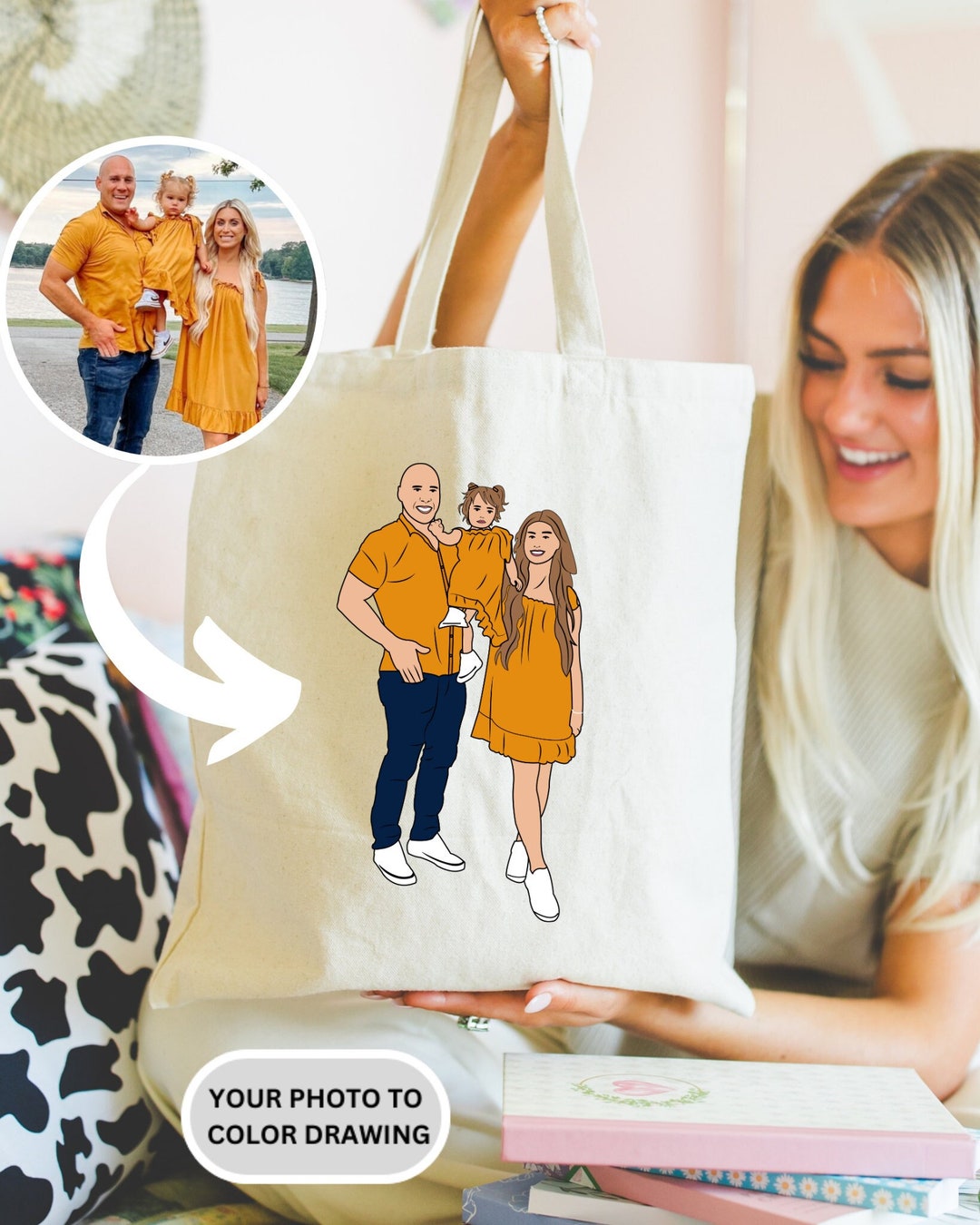 Custom Photo Tote Bag Family Portrait Tote Line Art Photo Tote Photo ...