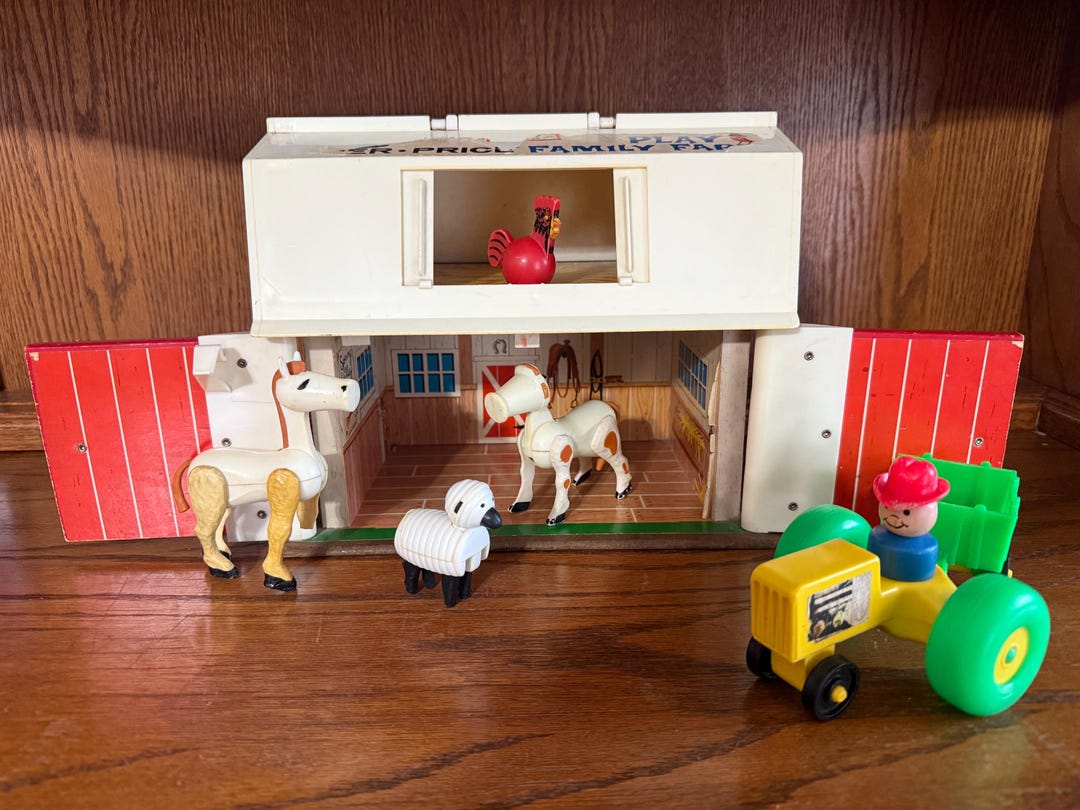 Vintage 1960s Fisher-price Play Family Farm Barn W/ Tractor & Animals ...