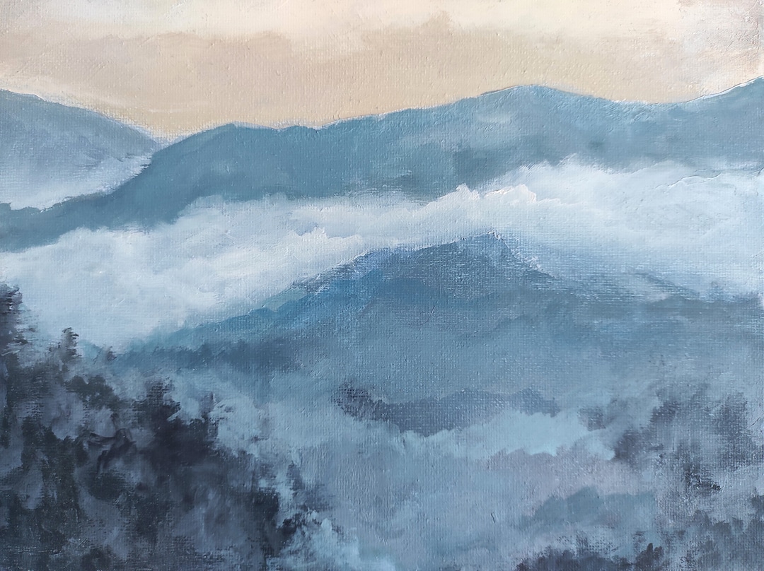 Mountain Landscape Art Misty Mountain Painting Blue Gray Wall Art - Etsy