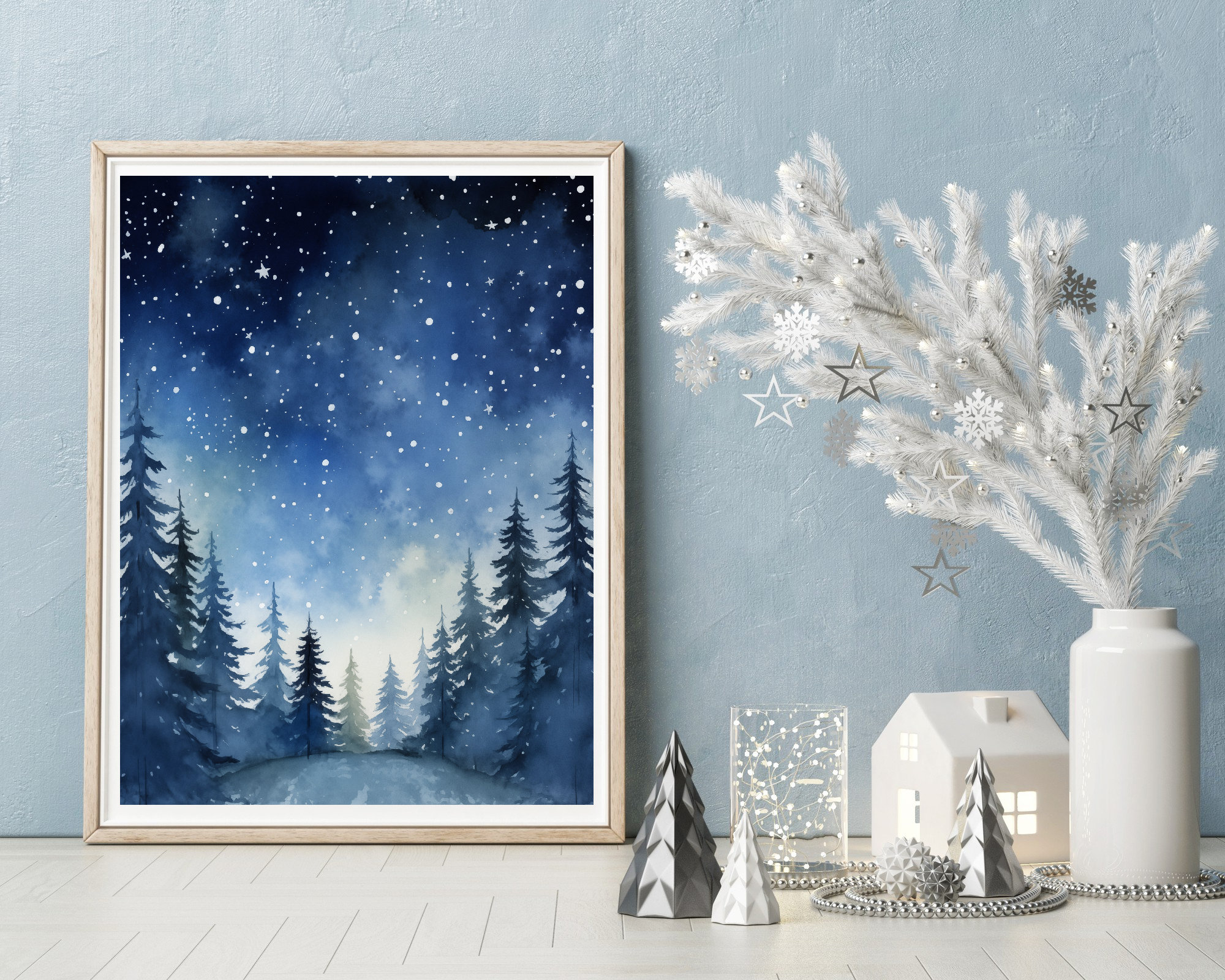 Night Sky Forest Painting Pine Trees Winter Landscape Night Sky Print ...