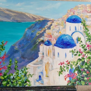 Santorini Art Greece Painting Blue Domes Original Oil Painting Greek ...