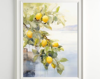 Mediterranean Watercolor Lemon Tree Wall Art Amalfi Coast Painting ...