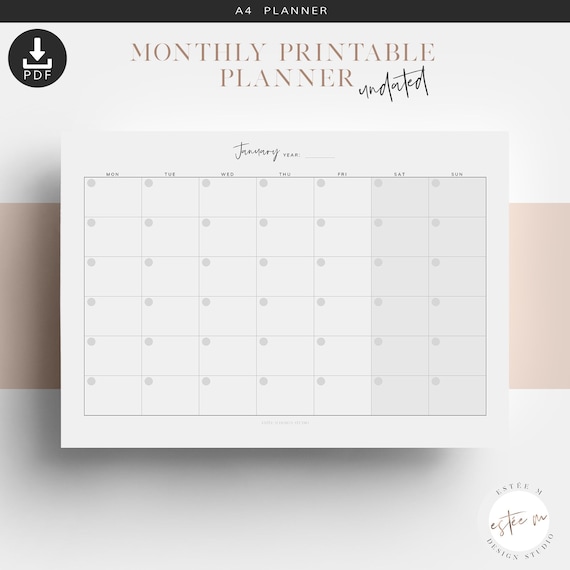 A4 Monthly Desk Planner Printable Calendar Undated Monthly | Etsy
