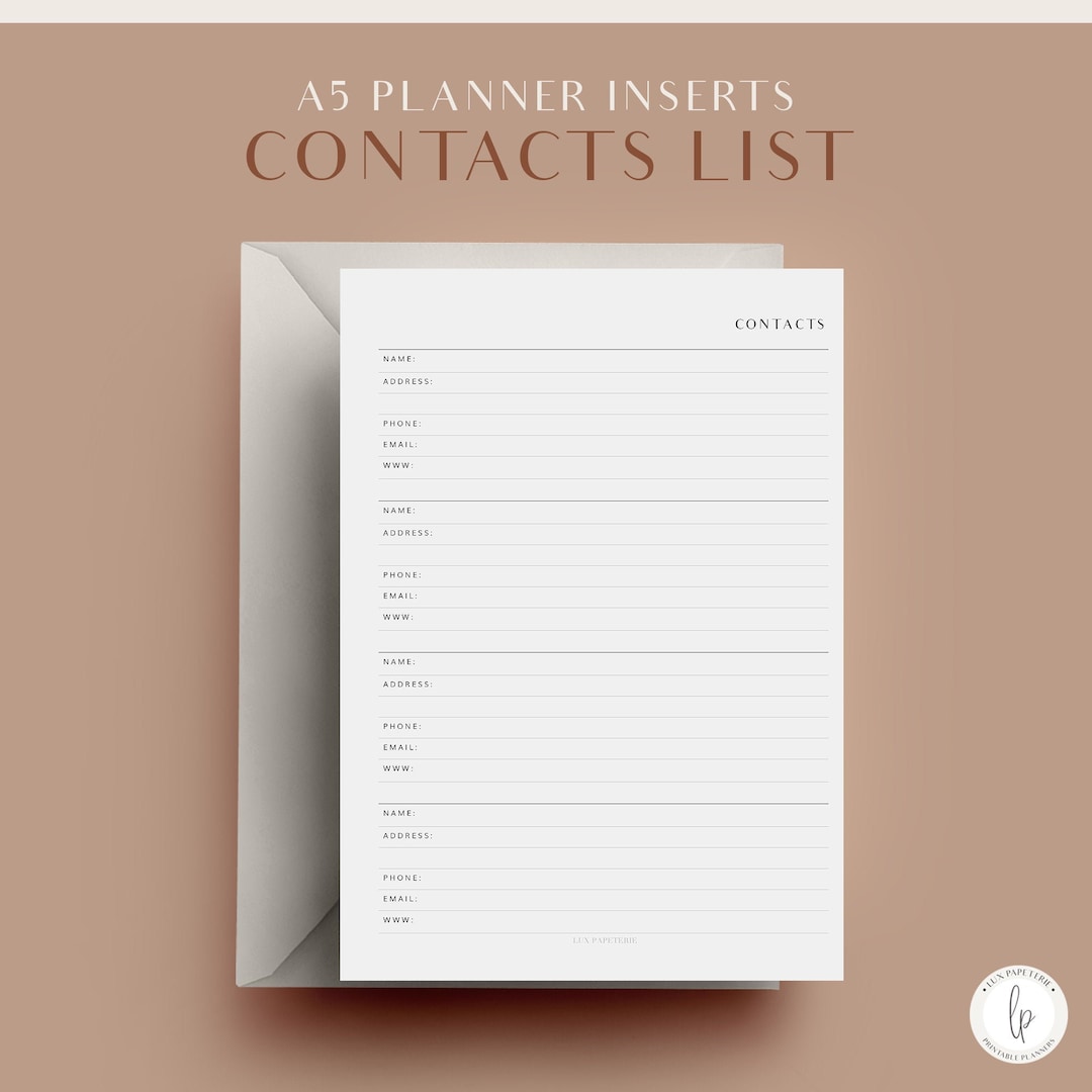 A5 Contacts List, Printable Planner Inserts, Address Tracker, Address Book, A5 Planner Refill ...