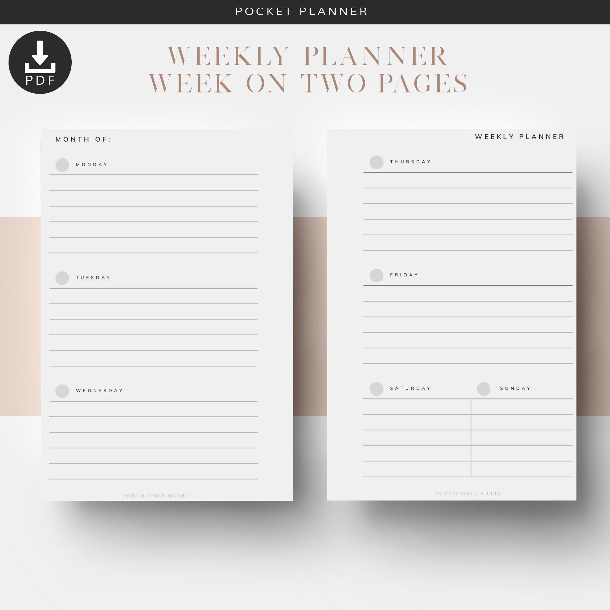 Pocket Weekly Planner, Printable Planner Inserts, Pocket Week on Two ...