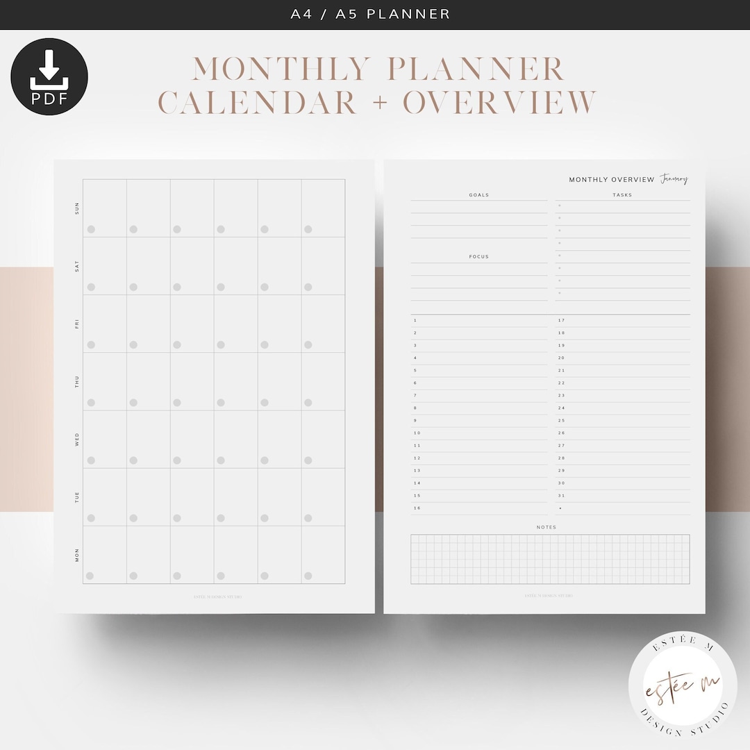 A5 Monthly Planner Inserts, Printable Planner Inserts, Monthly Overview ...