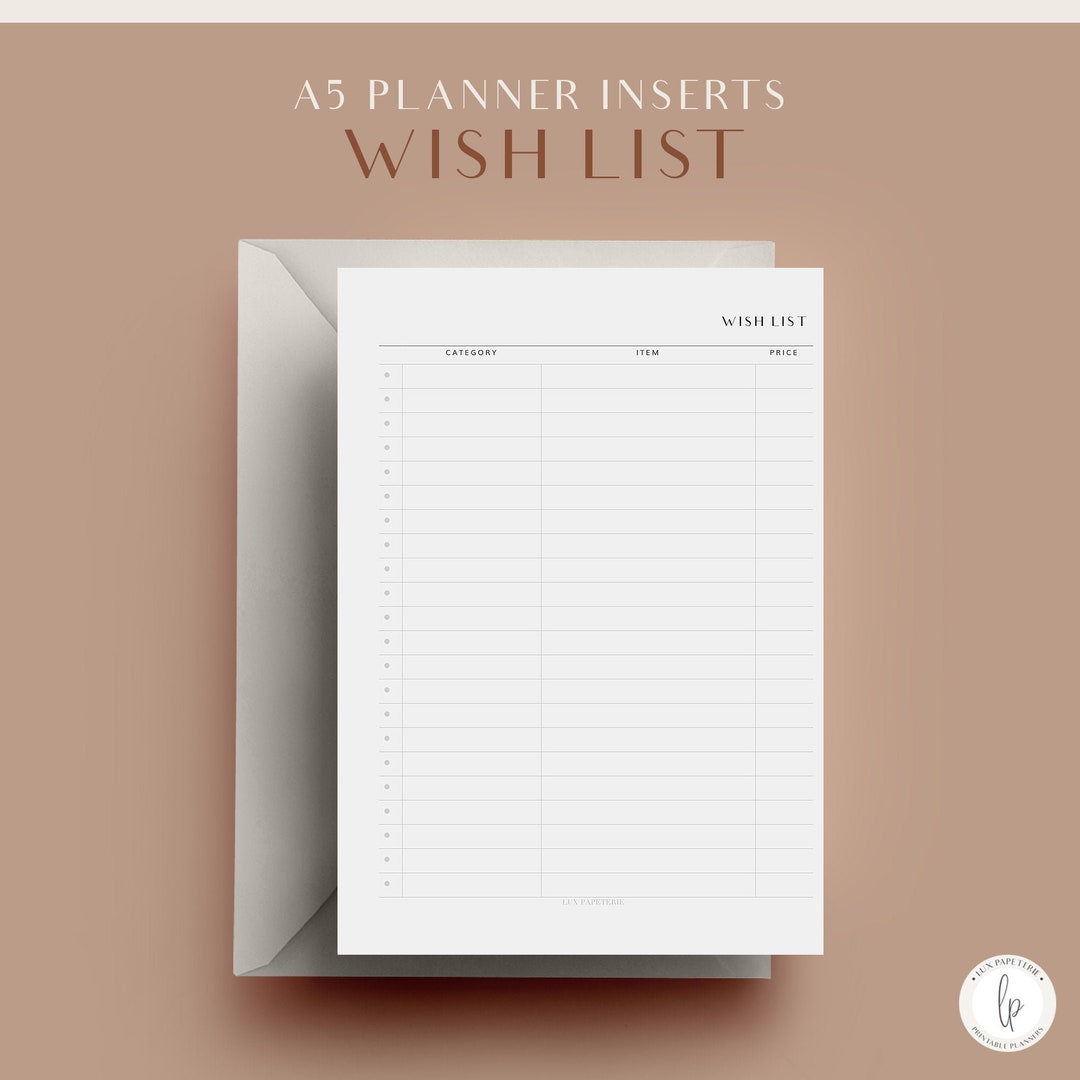 A5 Wish List, Printable Planner Inserts, Wish List Tracker, Checklist ...