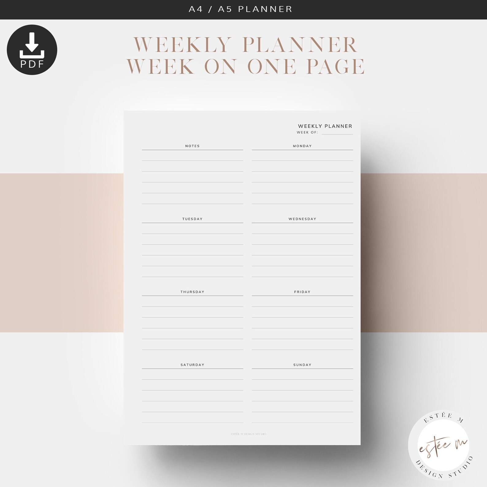 A5 Printable Weekly Planner Week on One Page Weekly Planner - Etsy