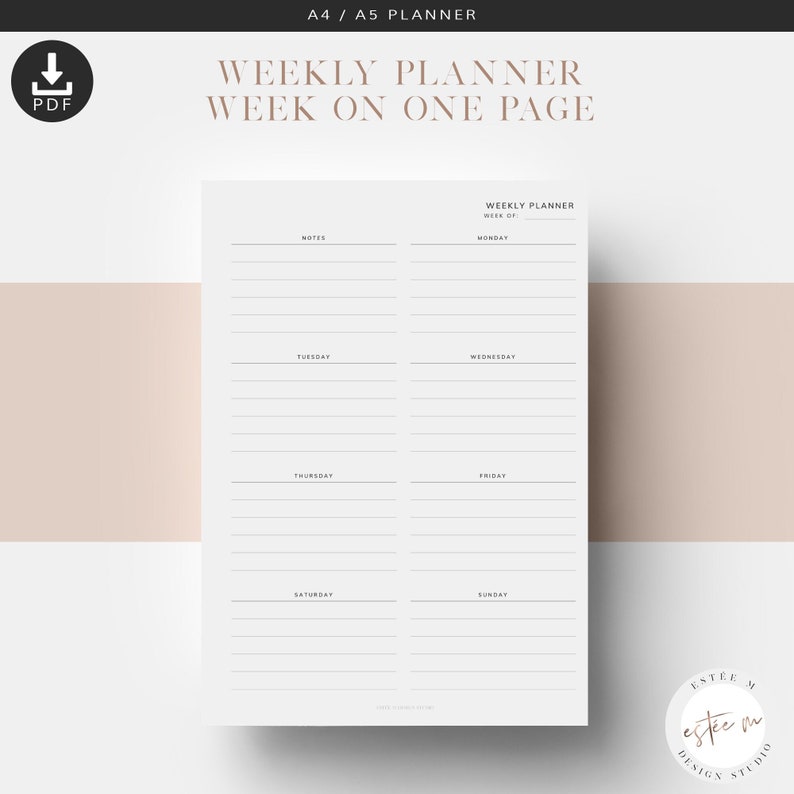 A5 Printable Weekly Planner, Week on One Page, Weekly Planner Inserts ...