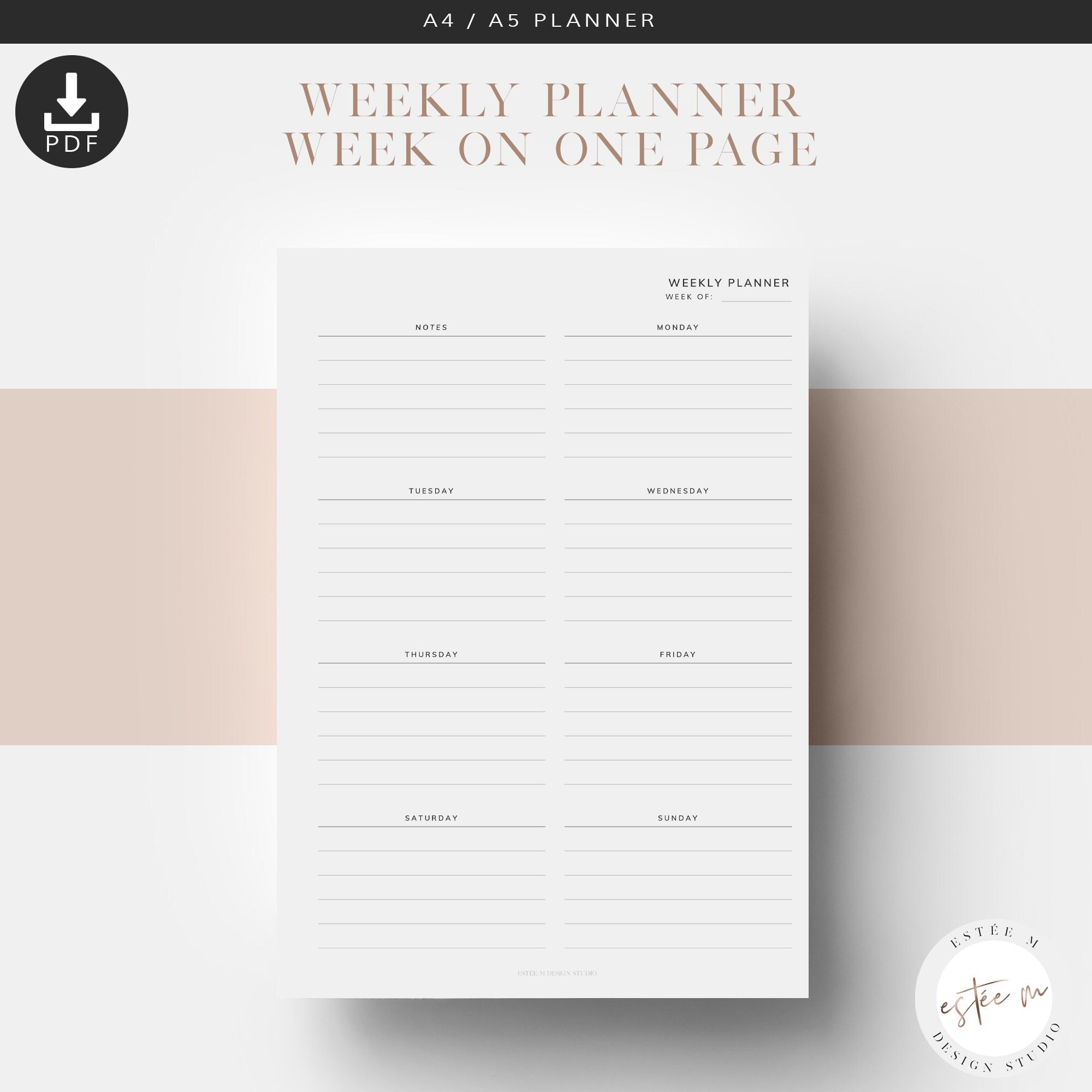A5 Printable Weekly Planner, Week on One Page, Weekly Planner Inserts ...