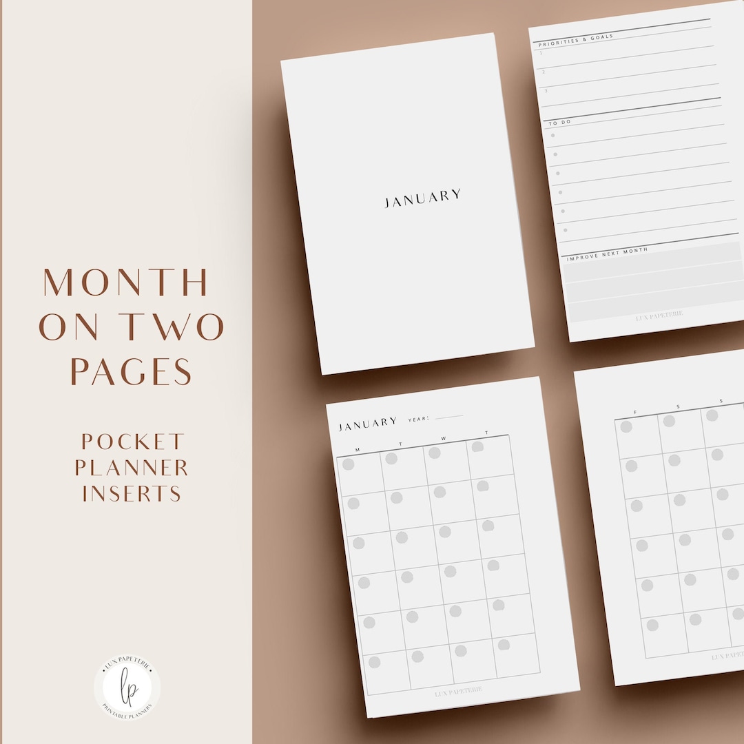 Monthly Planner, Pocket Printable Planner Inserts, Month on Two Pages ...