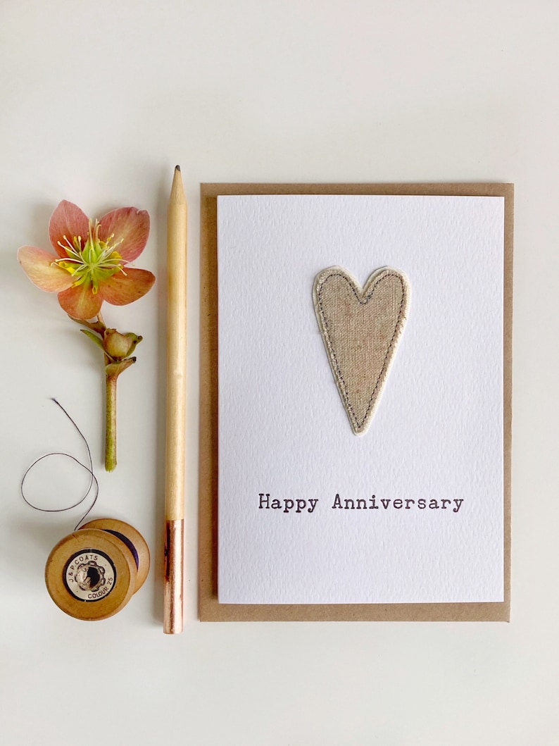 Embroidered Linen Heart Anniversary Card - Etsy UK