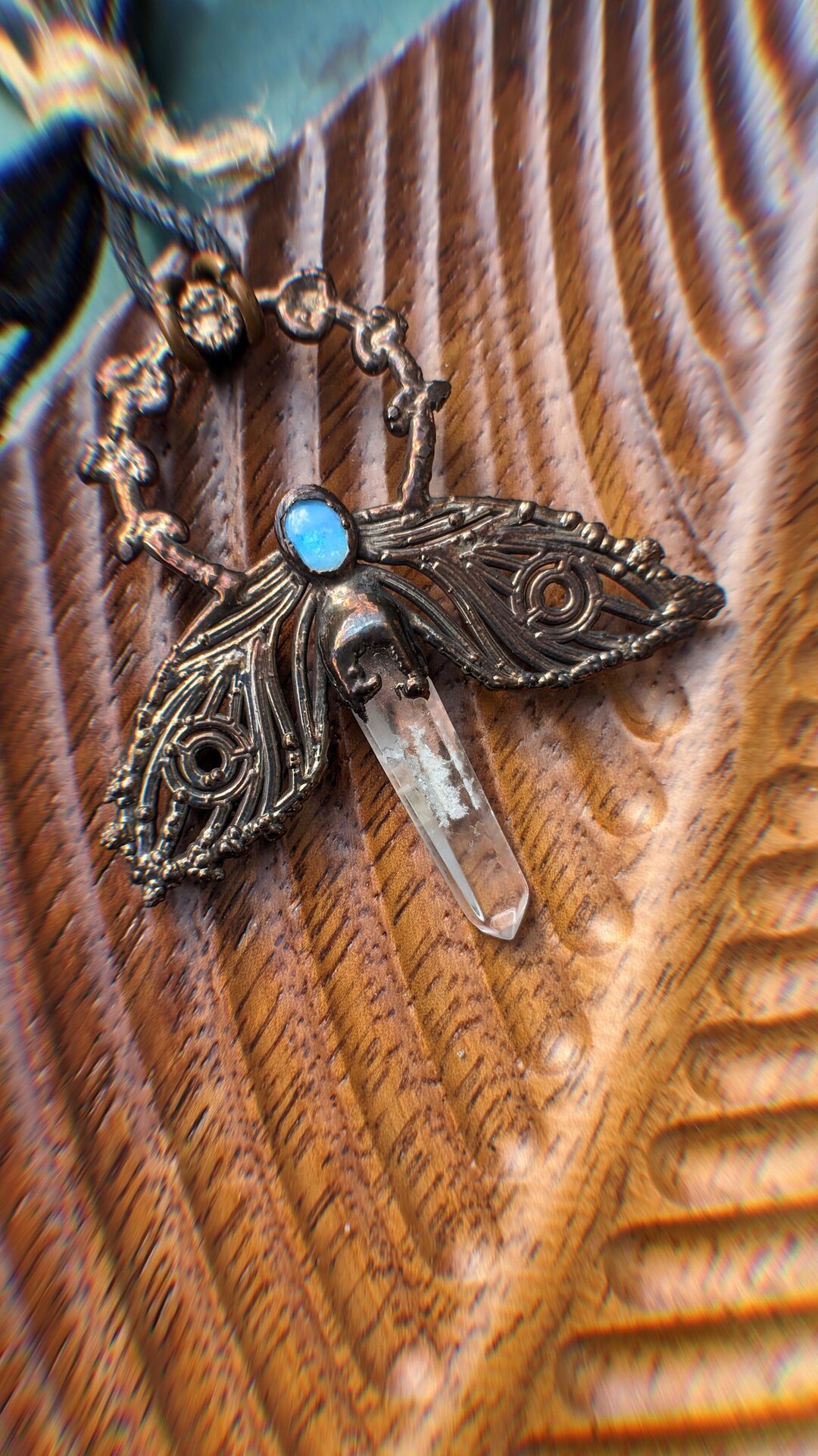 Moth Necklace With Quartz Point and Opal | Electroformed Copper Pendant ...