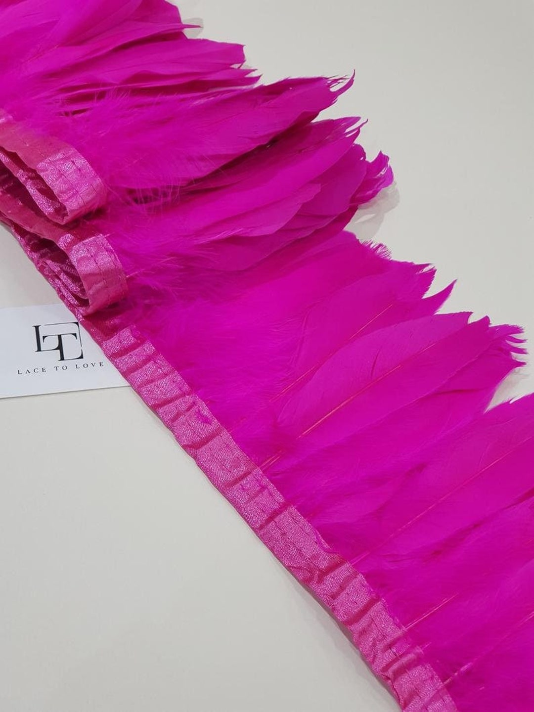 Neon Pink Goose Feather Fringe, Feather Trimming With Ribbon, Natural ...