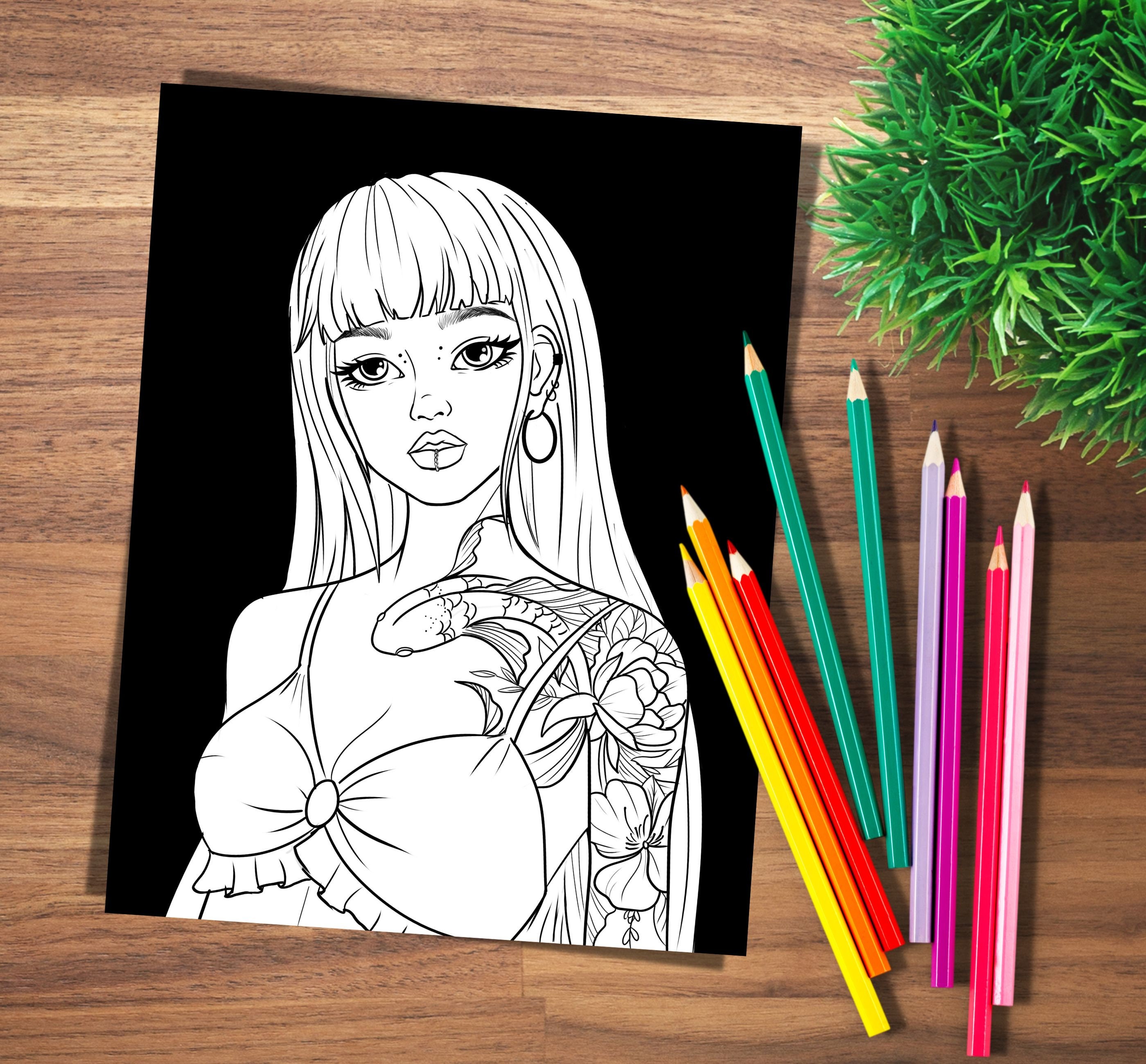 Tattoo Girls 28 Printable Coloring Page, Instant Download PDF Sexy and ...