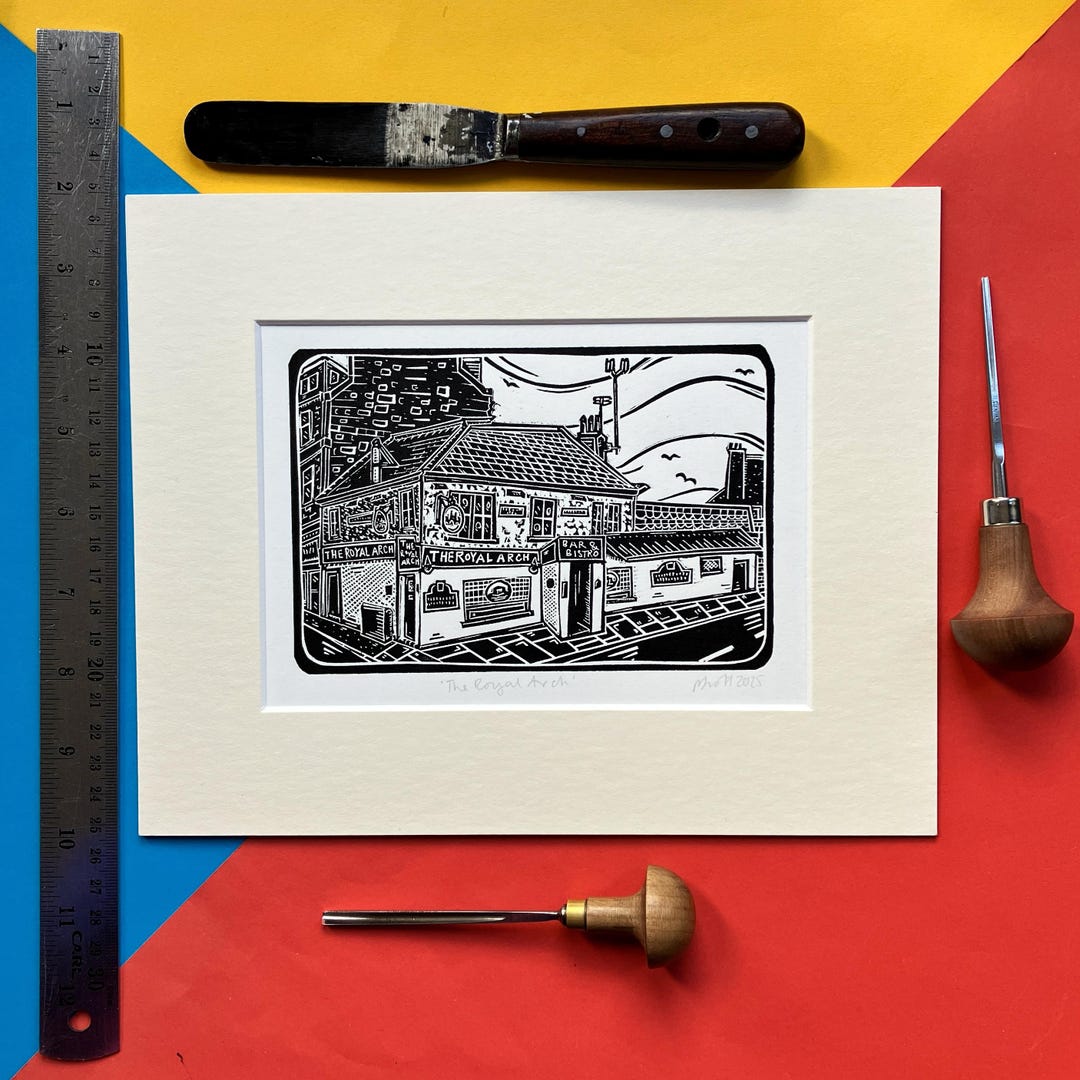 The Royal Arch. 8" X 10" Linocut Print by Pamela Scott. Pub. Bar ...