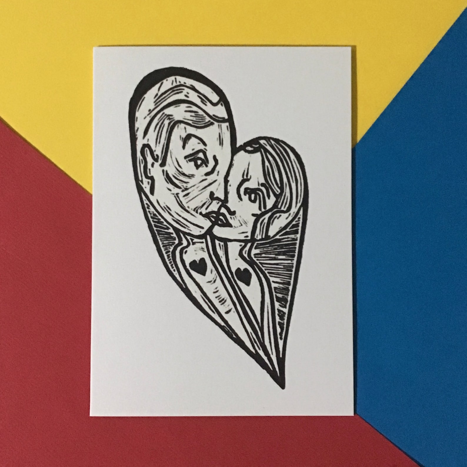 The Kiss Greetings Card. Linocut Print of Couple Kissing by | Etsy
