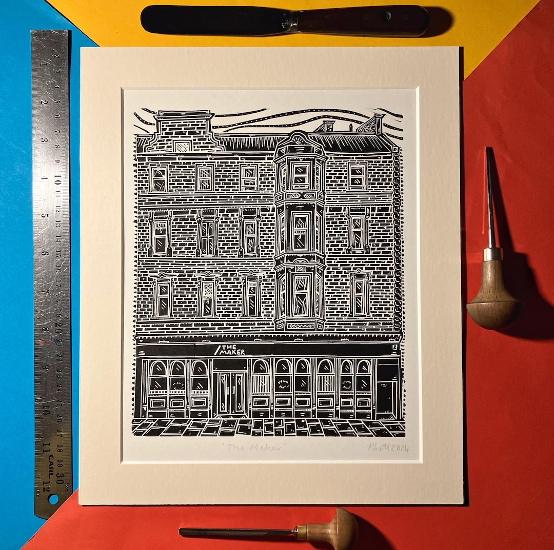 The Maker. 10" X 12" Linocut Print by Pamela Scott. Dundee. Pub. Bar ...