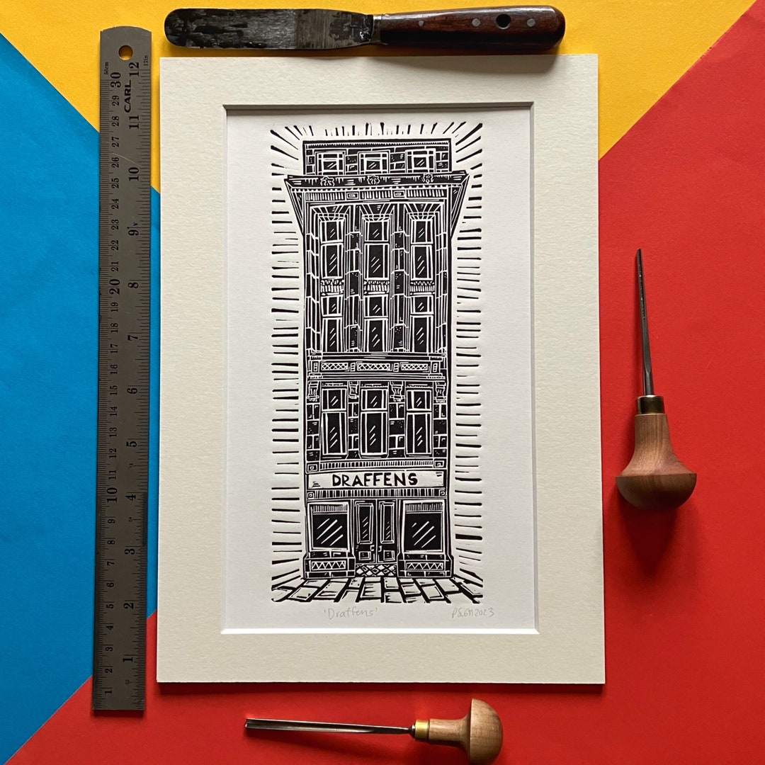 Draffens. A4 Linocut Print by Pamela Scott. Dundee. Bar. Secret Bar ...