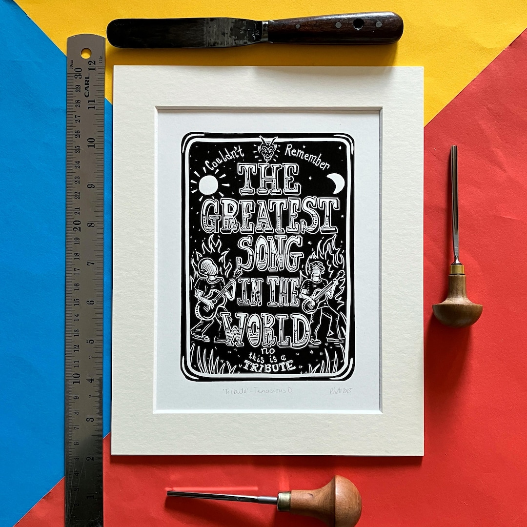 Tribute by Tenacious D. 8" X 10" Linocut Print by Pamela Scott. Song ...