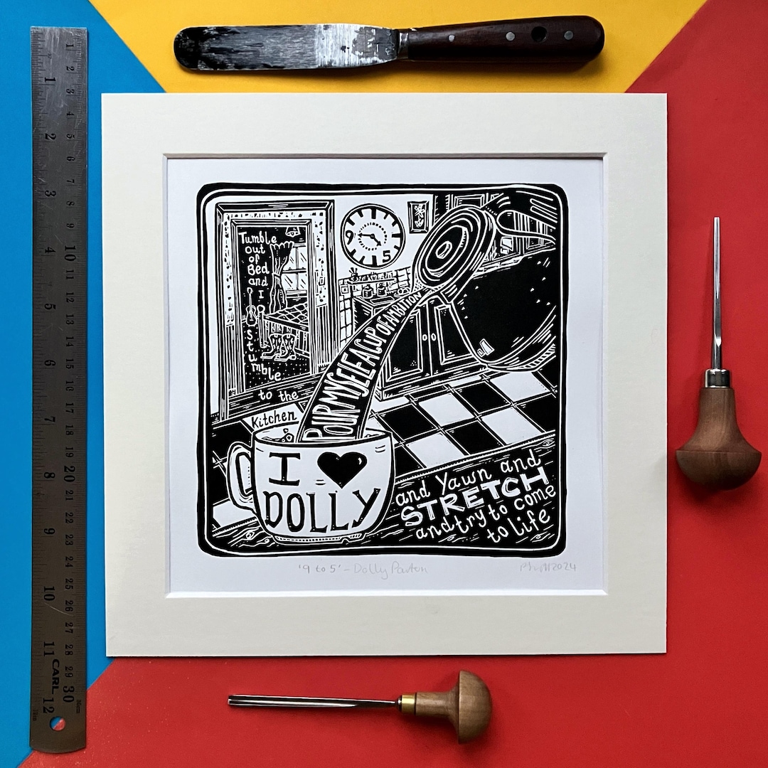 9 to 5 by Dolly Parton. 10" X 10" Linocut Print by Pamela Scott. Song ...