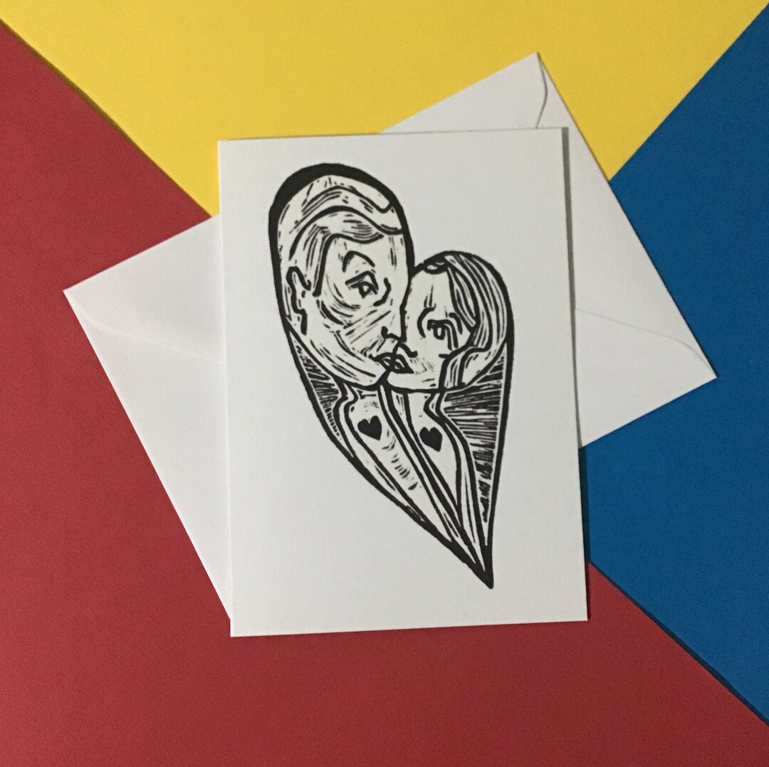 The Kiss Greetings Card. Linocut Print of Couple Kissing by Pamela ...