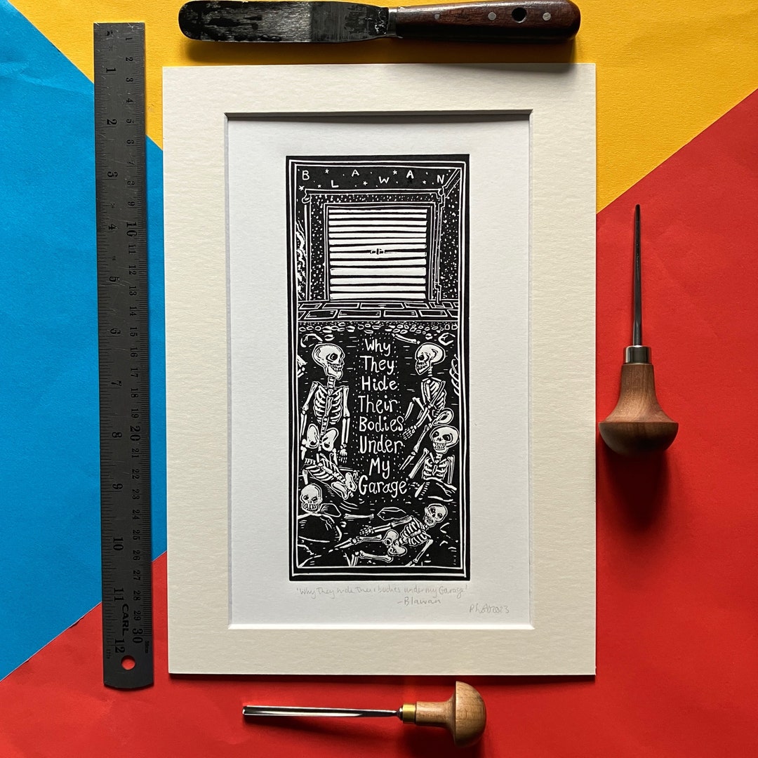 Why They Hide Their Bodies Under My Garage. A4 Linocut Print by Pamela ...