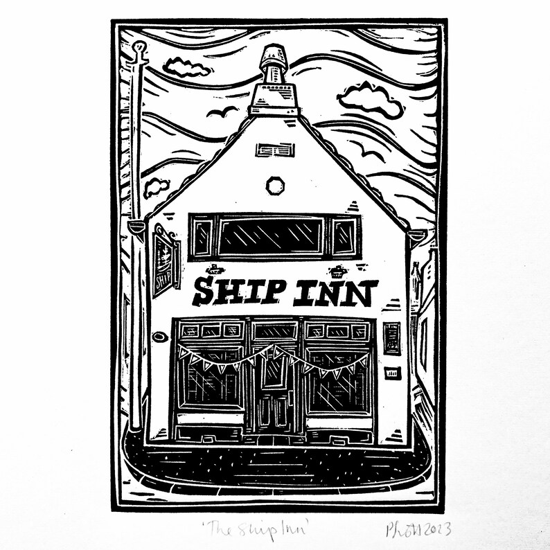 The Ship Inn. 8" X 10" Linocut Print by Pamela Scott. Pub. Restaurant ...