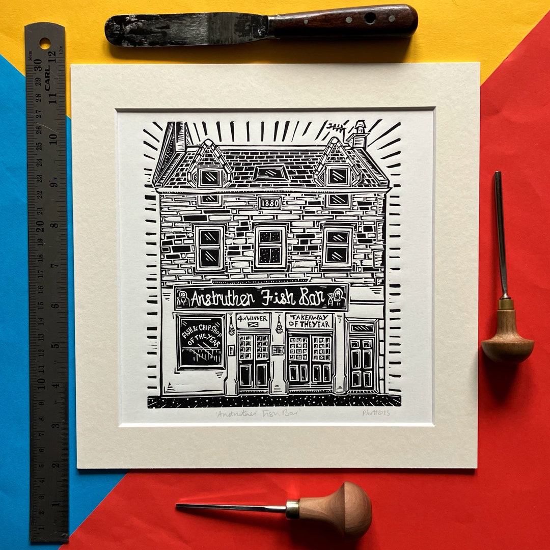 Anstruther Fish Bar. 10" X 10" Linocut Print by Pamela Scott ...