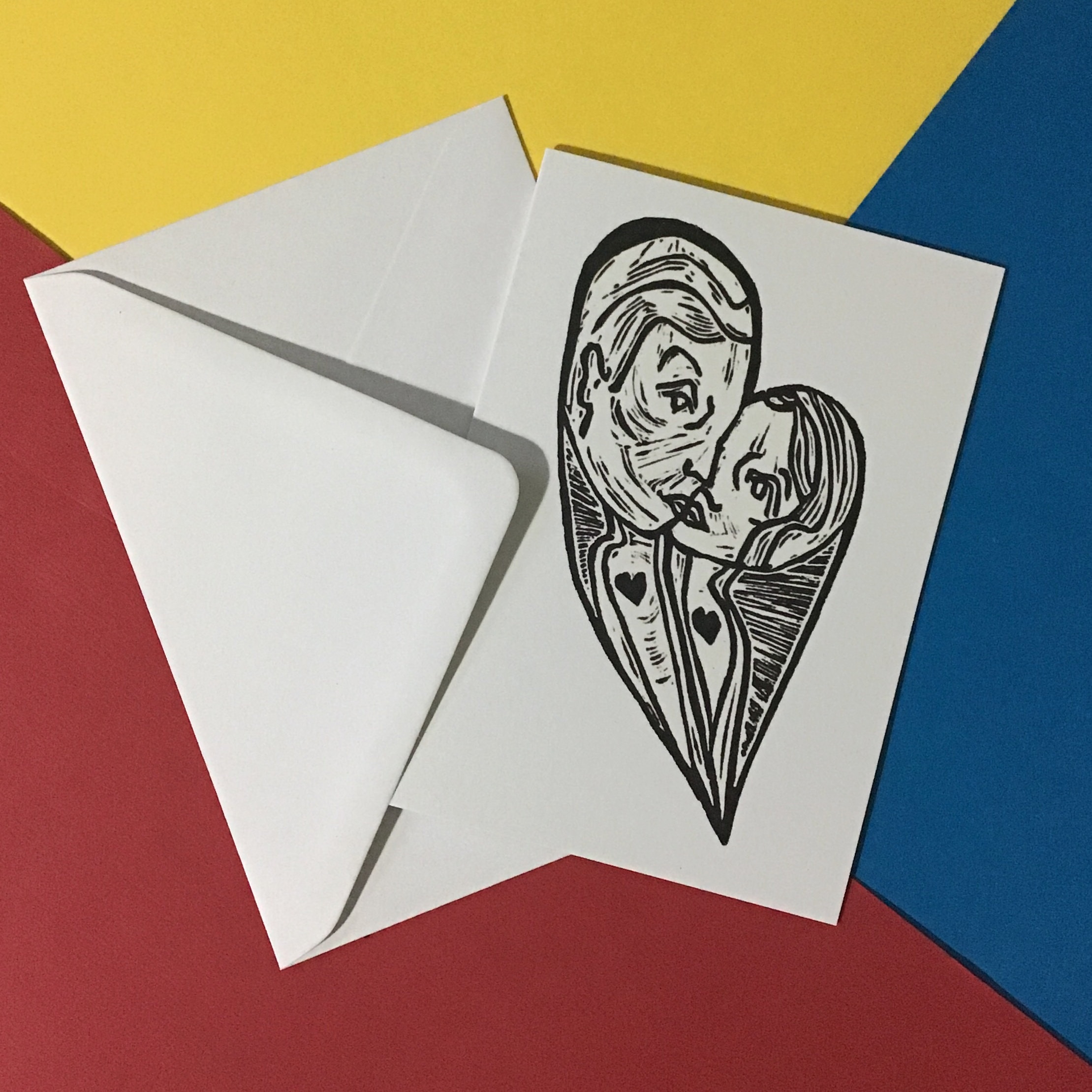 The Kiss greetings card. Linocut print of couple kissing by | Etsy