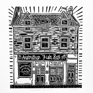 Anstruther Fish Bar. 10" X 10" Linocut Print by Pamela Scott ...