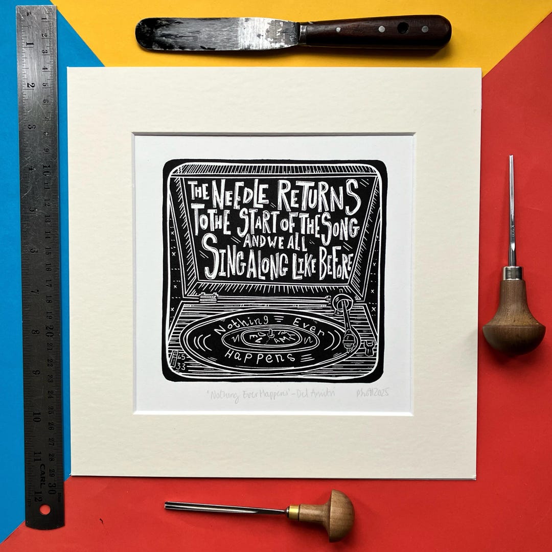Nothing Ever Happens by Del Amitri. 10" X 10" Linocut Print by Pamela ...
