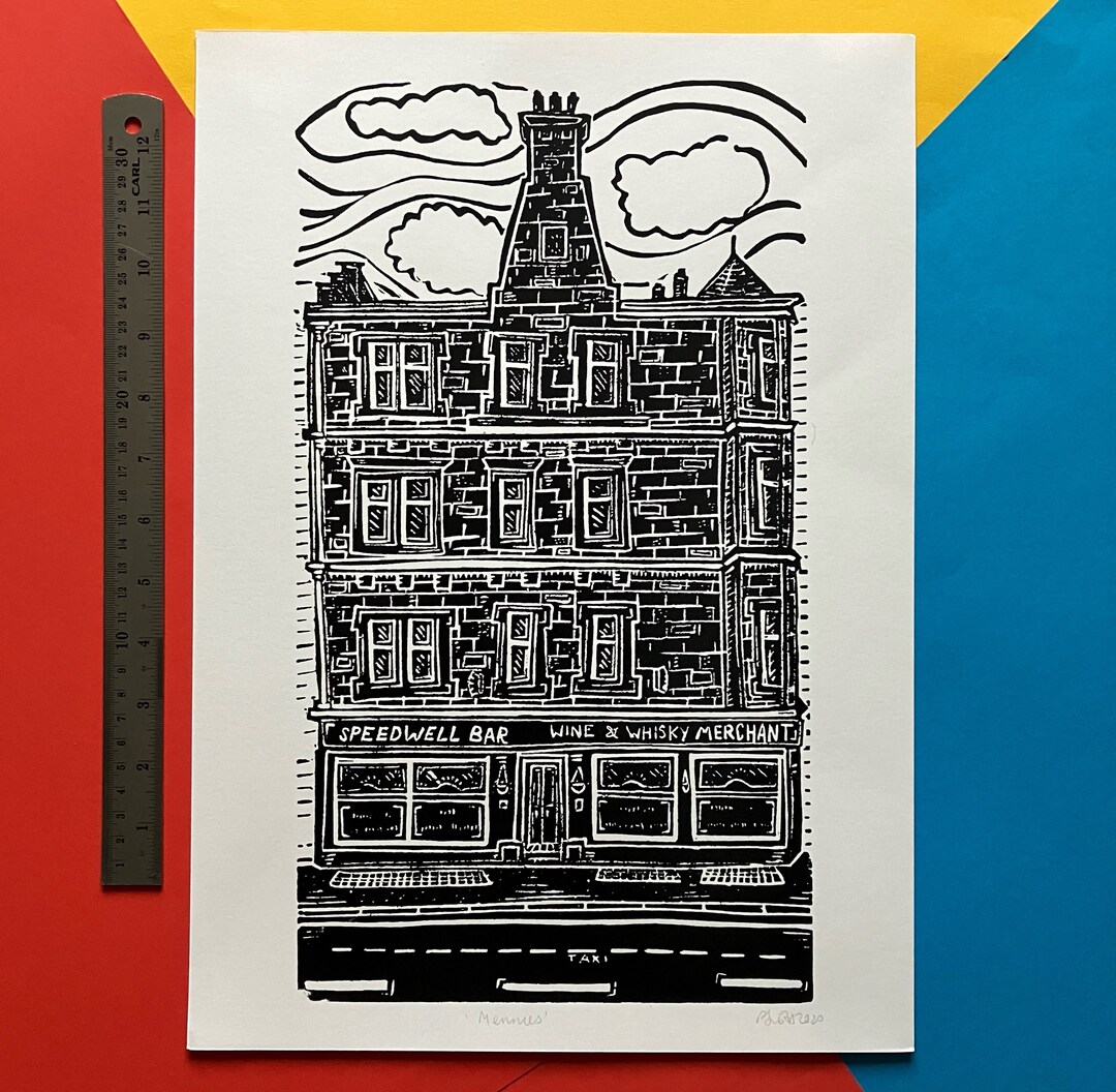 Mennies. A3 Screen Print by Pamela Scott. Speedwell Bar. Perth Road ...