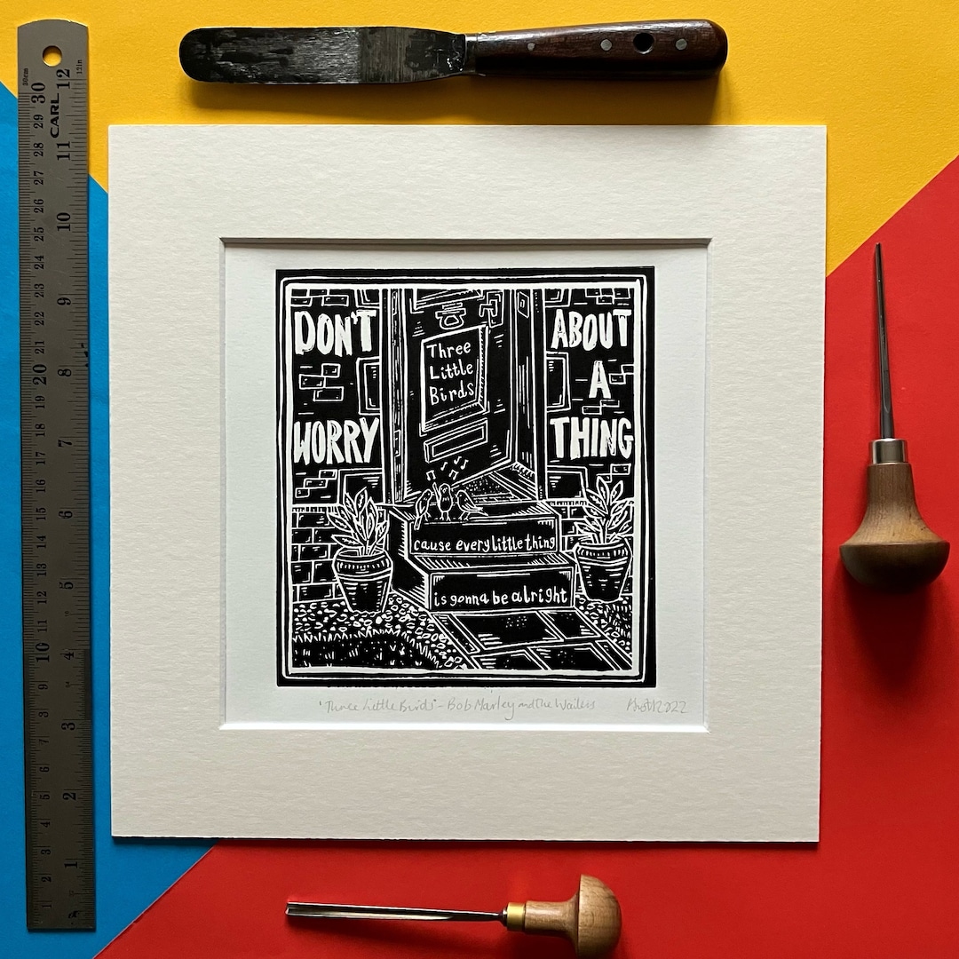 Three Little Birds by Bob Marley and the Wailers. 10" X 10" Linocut ...
