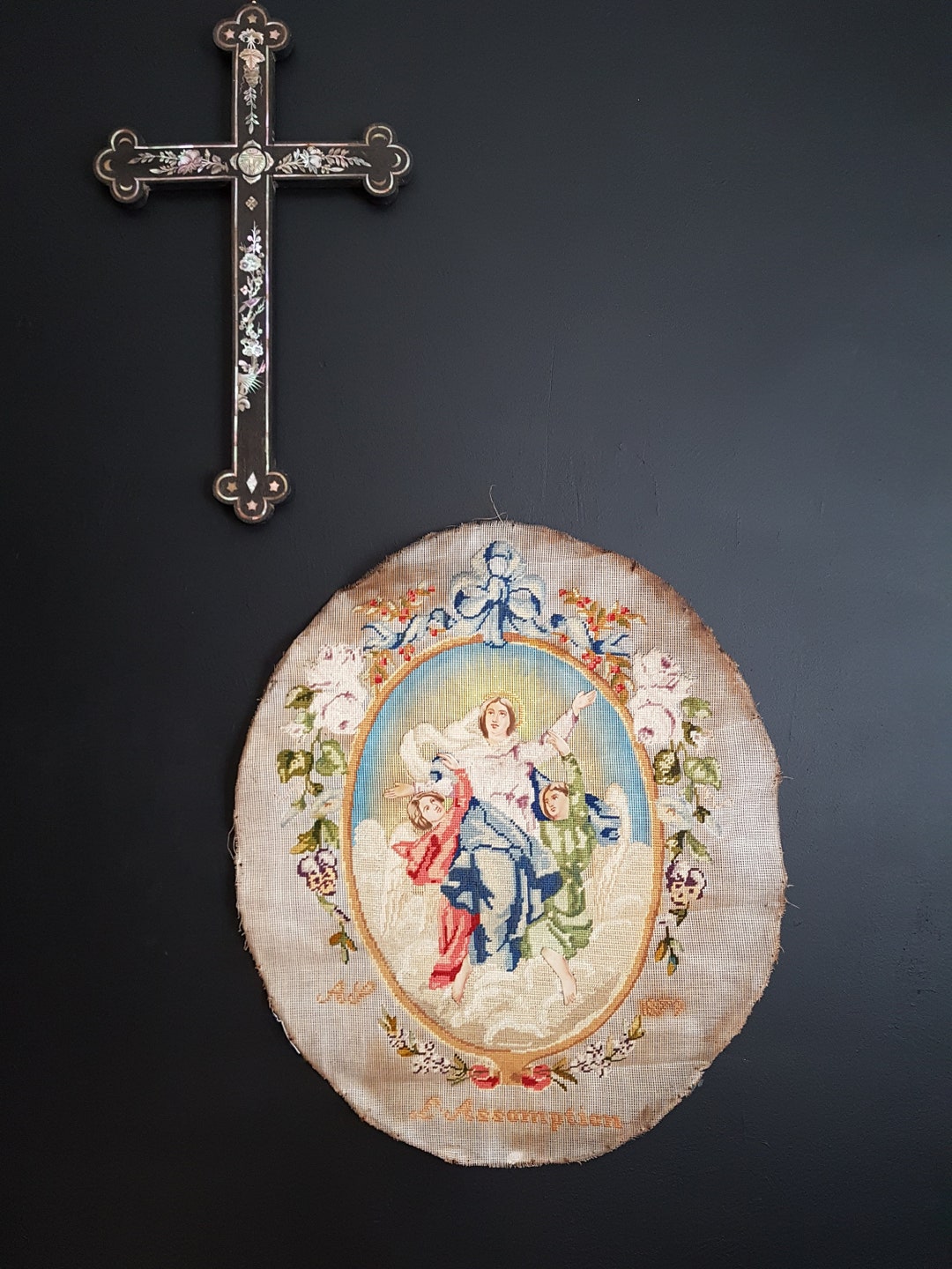 Antique French Religious Cross Stitch Embroidery Folk Art the ...