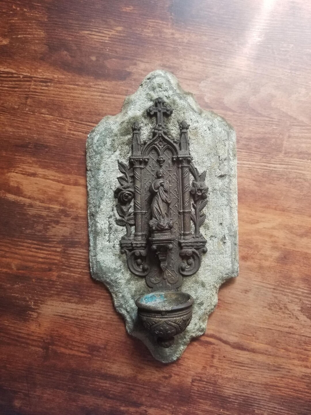 Antique Our Lady Metal Holy Water Font on Velvet Plaque - Etsy