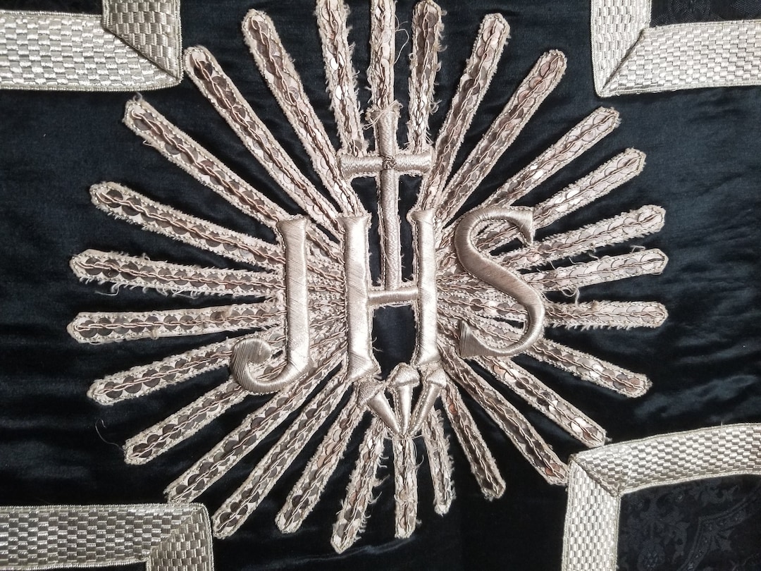 Antique Black Chasuble, Liturgical Vestment. IHS Christogram Embroidery ...