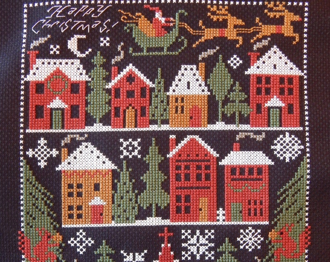 HAPPY CHRISTMAS Finished Completed Prairie Schooler Cross Stitch Santa Claus Flying Over Town at ...