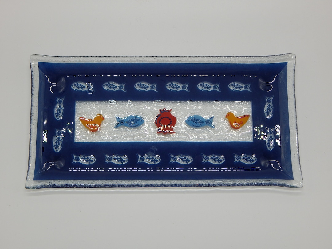 GLASS FISH TRAY Fused Clear & Blue Rectangular Glass Tray With Fish and ...