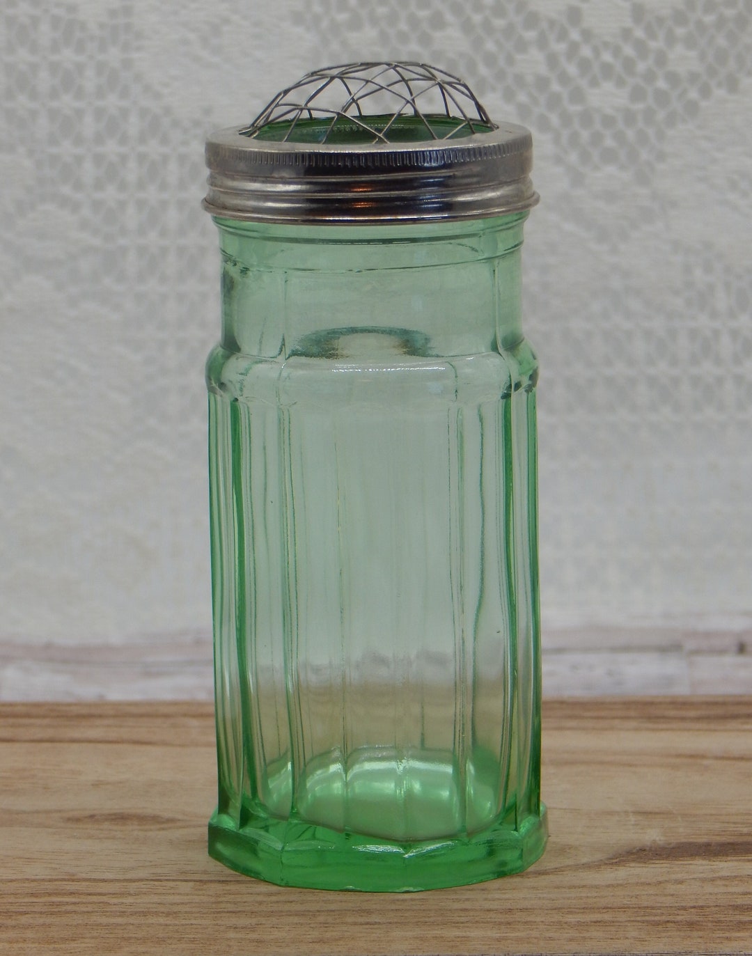GLASS FLOWER JAR Pretty Green Ribbed Glass Jar Vase With Metal Wire ...