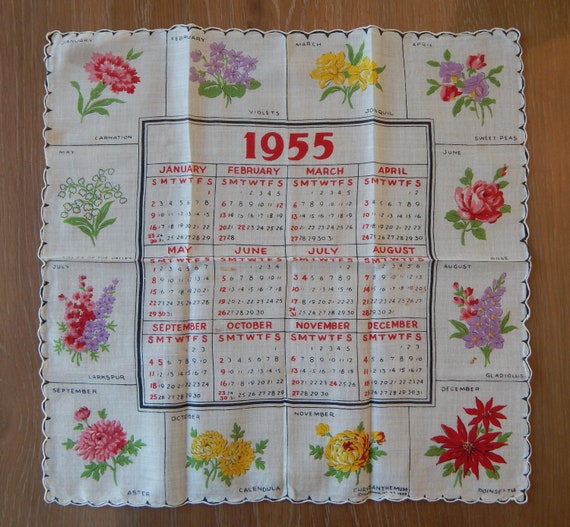 1955 CALENDAR HANDKERCHIEF Vintage Cotton Scalloped E… - Gem