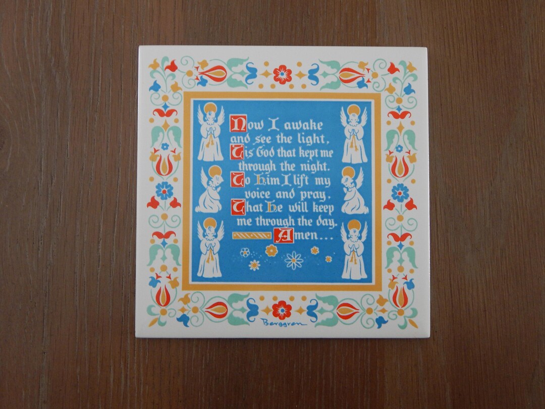 SCANDINAVIAN PRAYER TILE Vintage Berggren 6" Ceramic Tile Trivet Now I ...