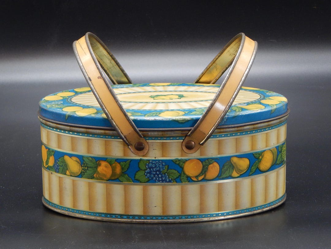 TINDECO FRUIT TIN Vintage 1930's Oval Metal Double Handle Lunch Candy ...