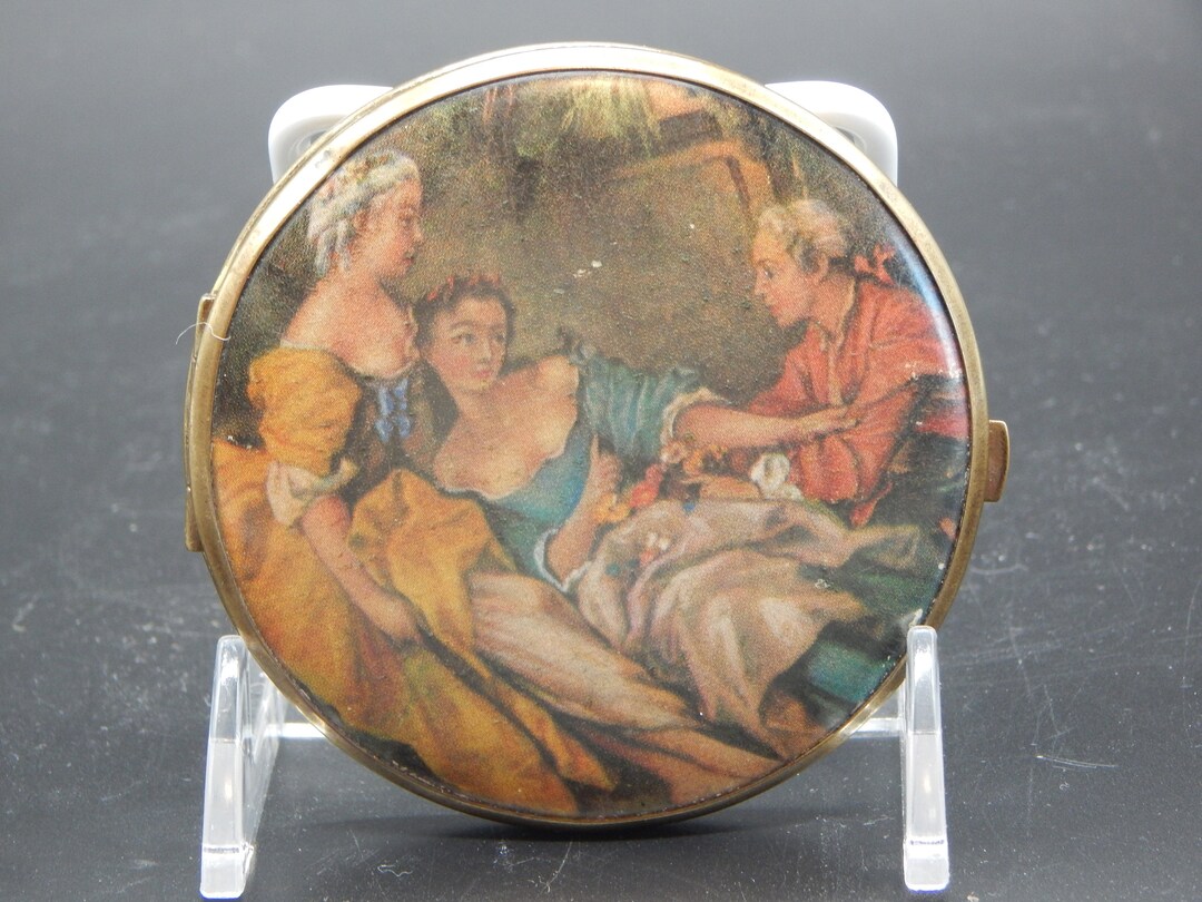 DOUBLE MIRROR COMPACT Vintage 1950's? Victorian Courting Scene Compact ...
