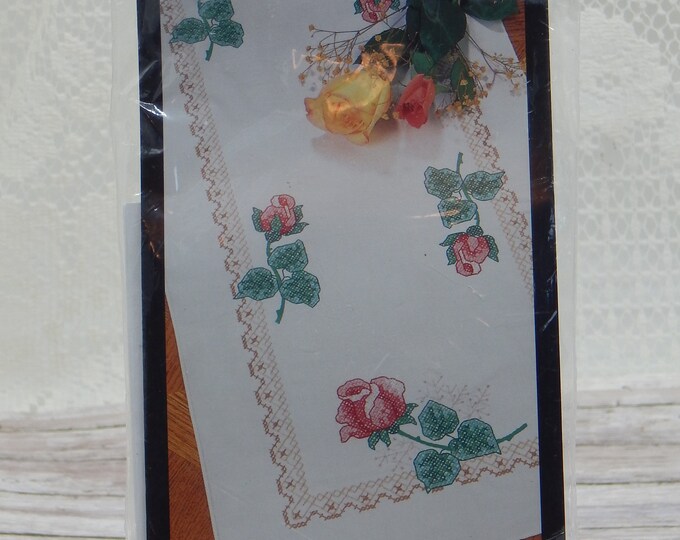 BUCILLA TABLE RUNNER Vintage Stamped Cross Stitch Rosebud Floral White ...