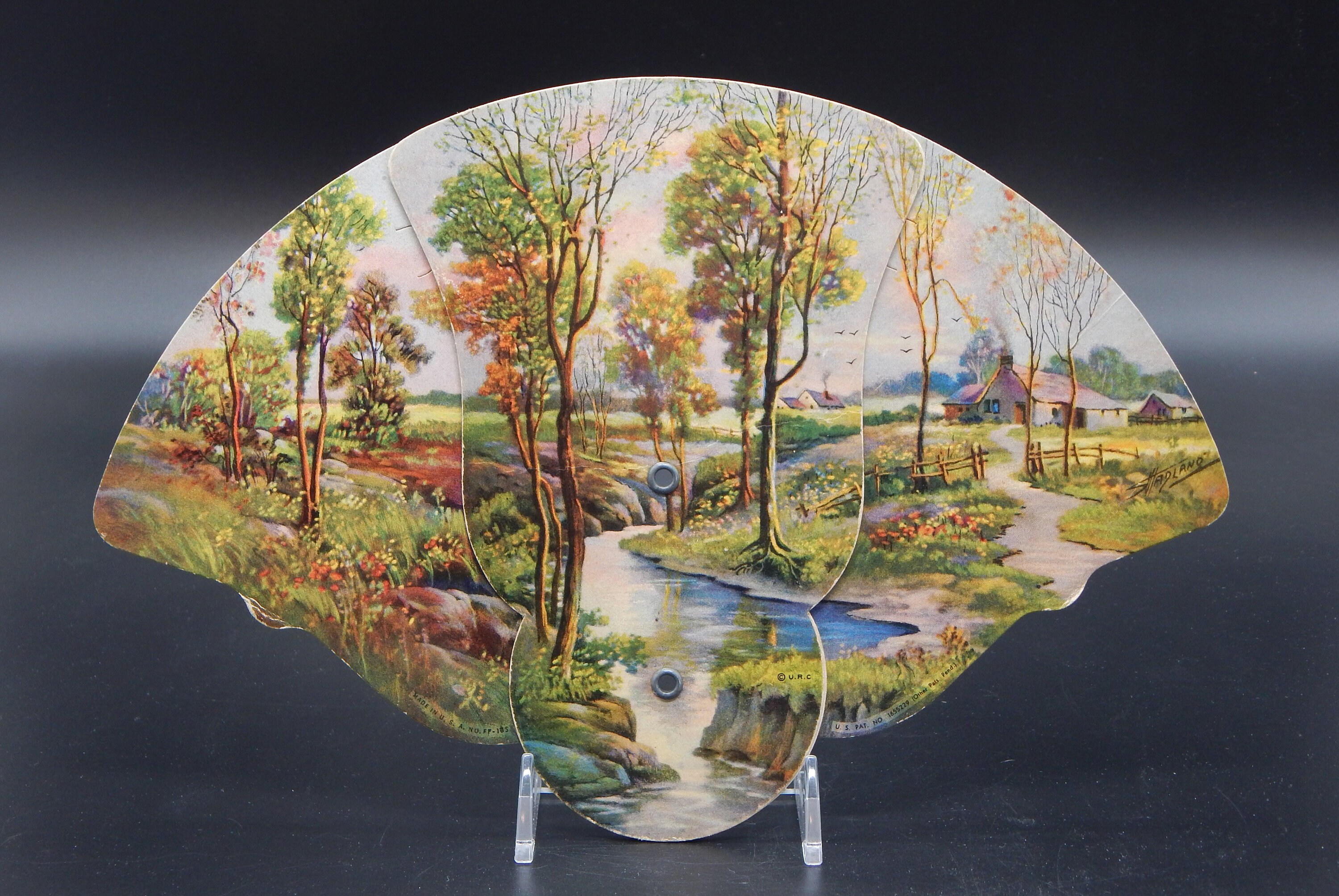 FOLDOUT ADVERTISING FAN Tri-fold Beautiful Bucolic Country Scene Stream ...