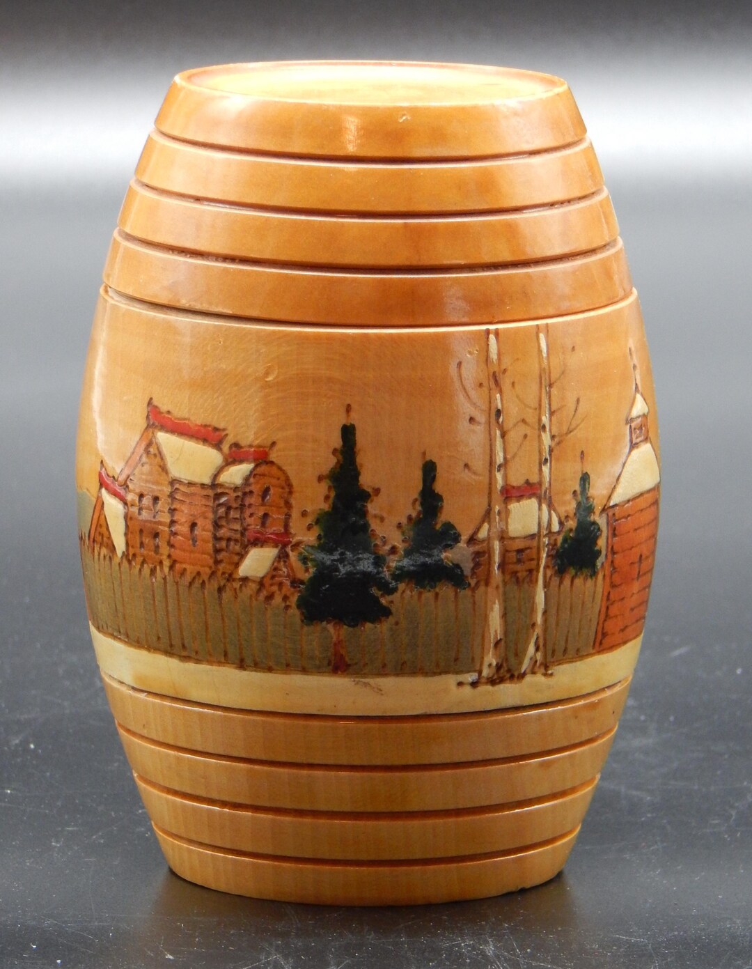 RUSSIAN WOOD BOX Vintage Wooden Two-piece Barrel Shape Trinket Box ...