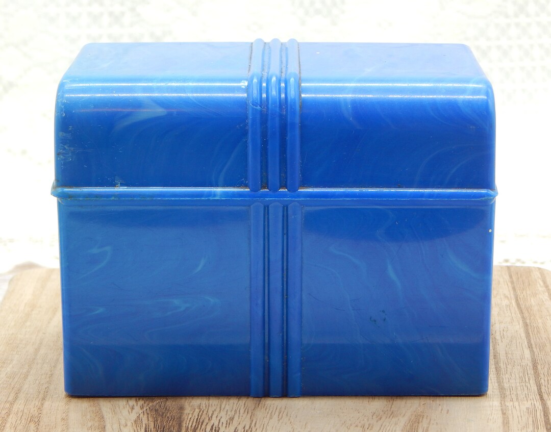BLUE RECIPE BOX Vintage Plastic Melamine Marbleized Look Blue and White ...
