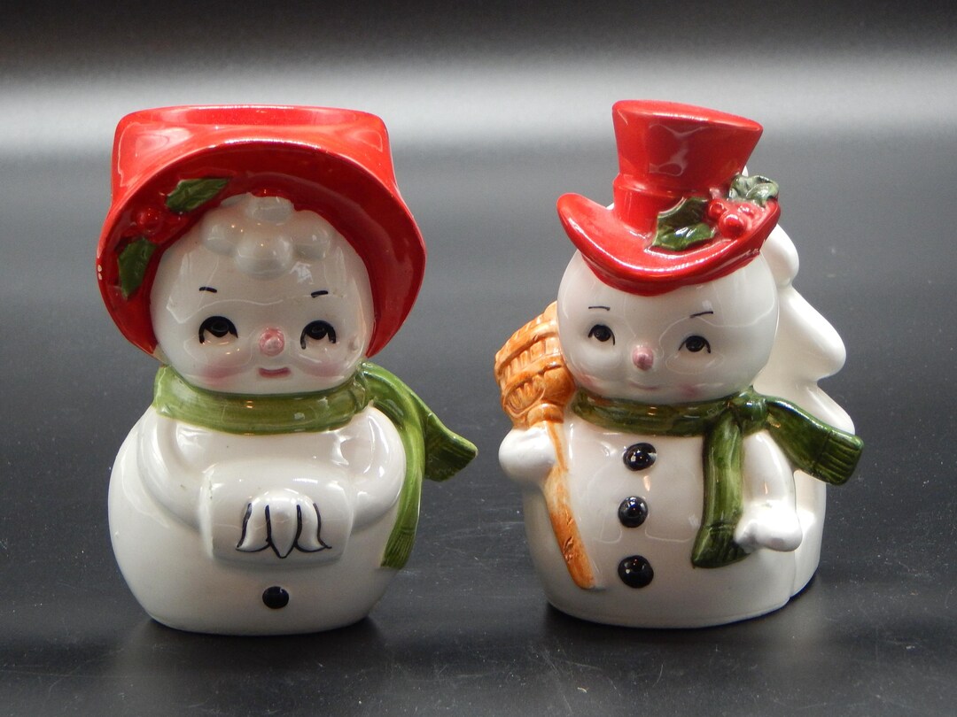 LEFTON SNOW PEOPLE Vintage Ceramic Snow Lady Candleholder and Snowman ...